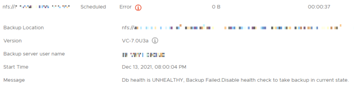 Db health is UNHEALTHY, Backup Failed. Disable health check to take backup in current state ...